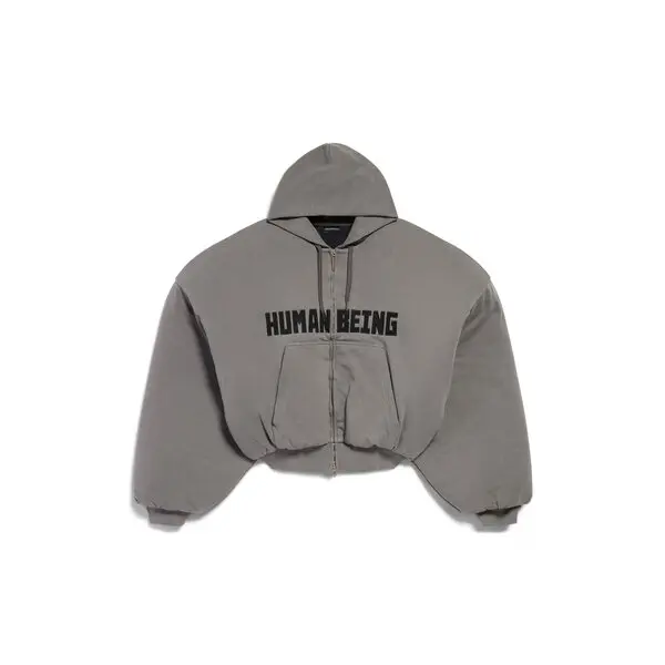 Balenciaga Human Being Round Zip-Up Hoodie - Grey & Silver